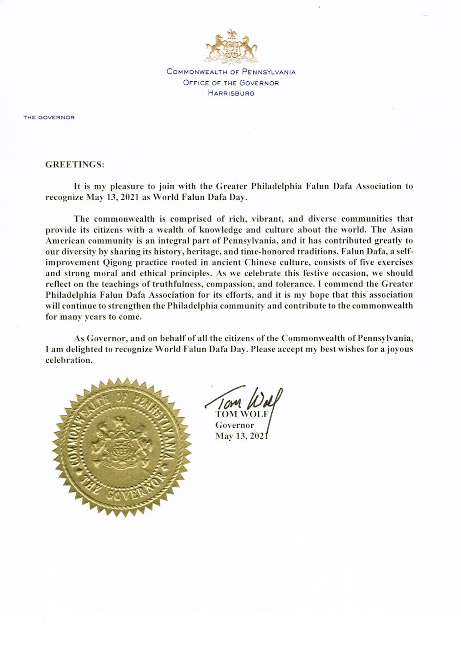 Pennsylvania Governor Sends Greeting Letter To Recognize World Falun 